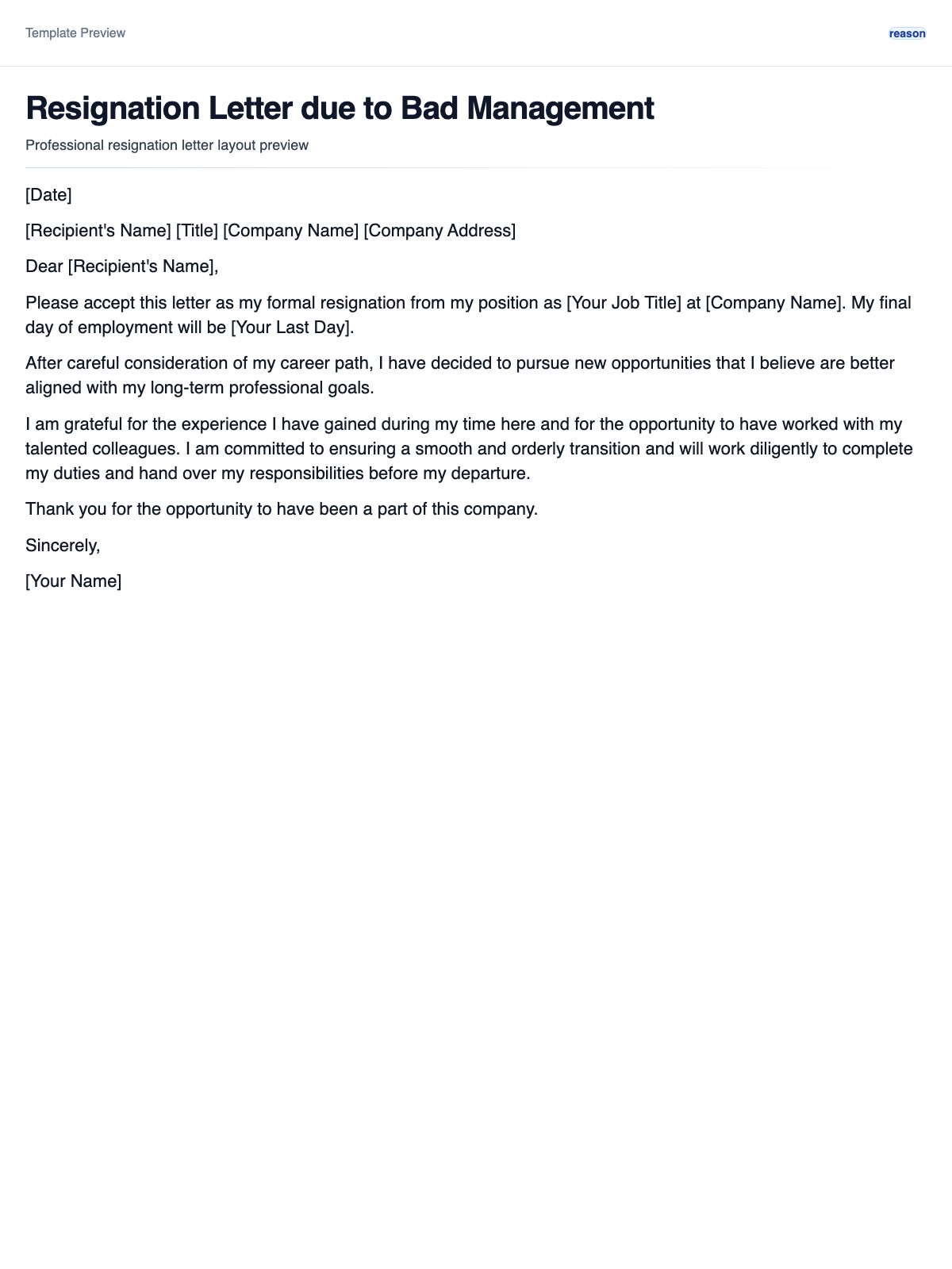 Resignation Letter due to Bad Management Template - Resignation Letter ...