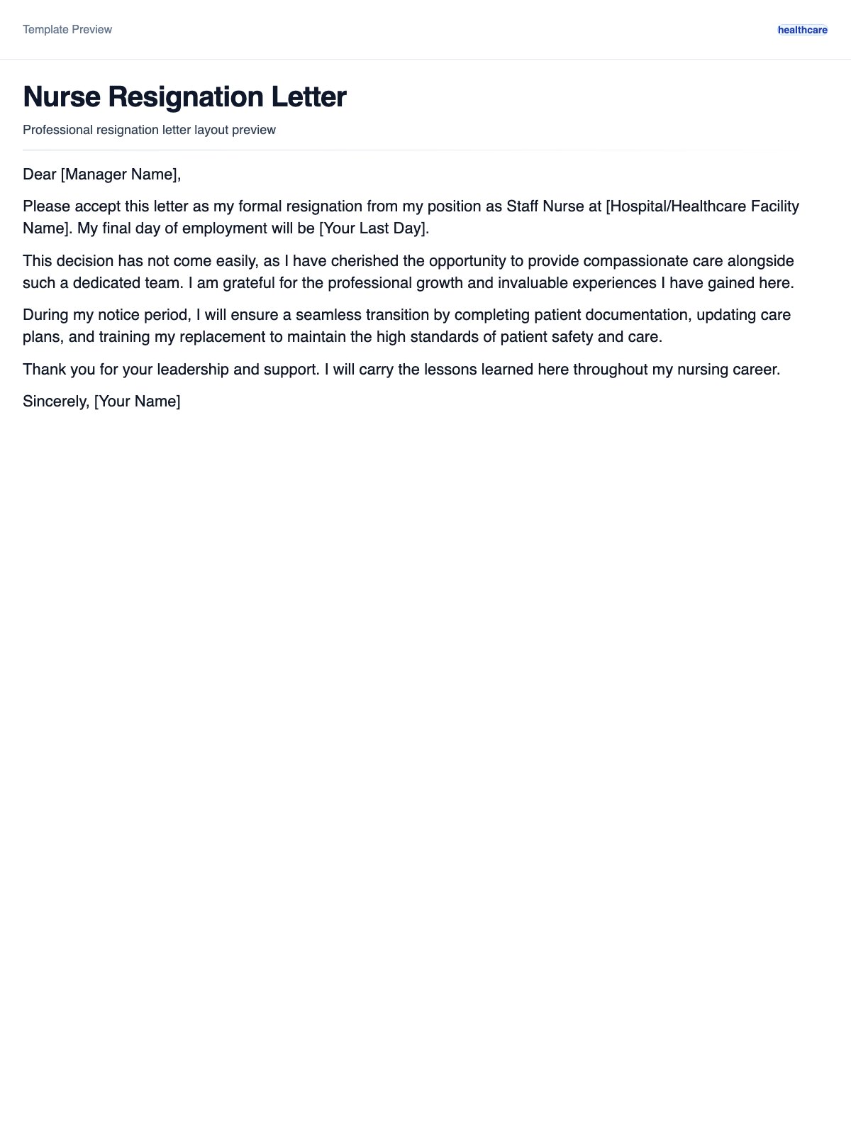 Nurse Resignation Letter Template - Resignation Letter Editor | ResignWell