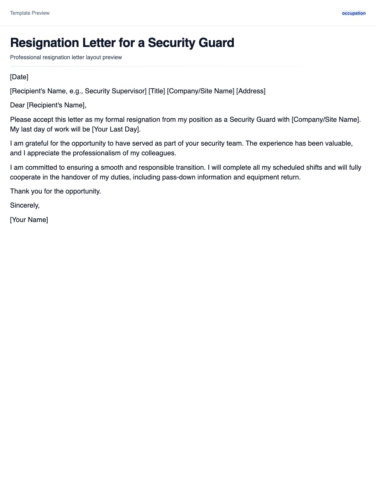 Resignation Letter for a Security Guard Template - Resignation Letter ...