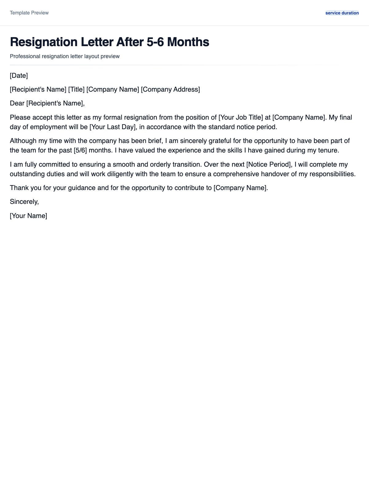 Resignation Letter After 5-6 Months Template - Resignation Letter ...