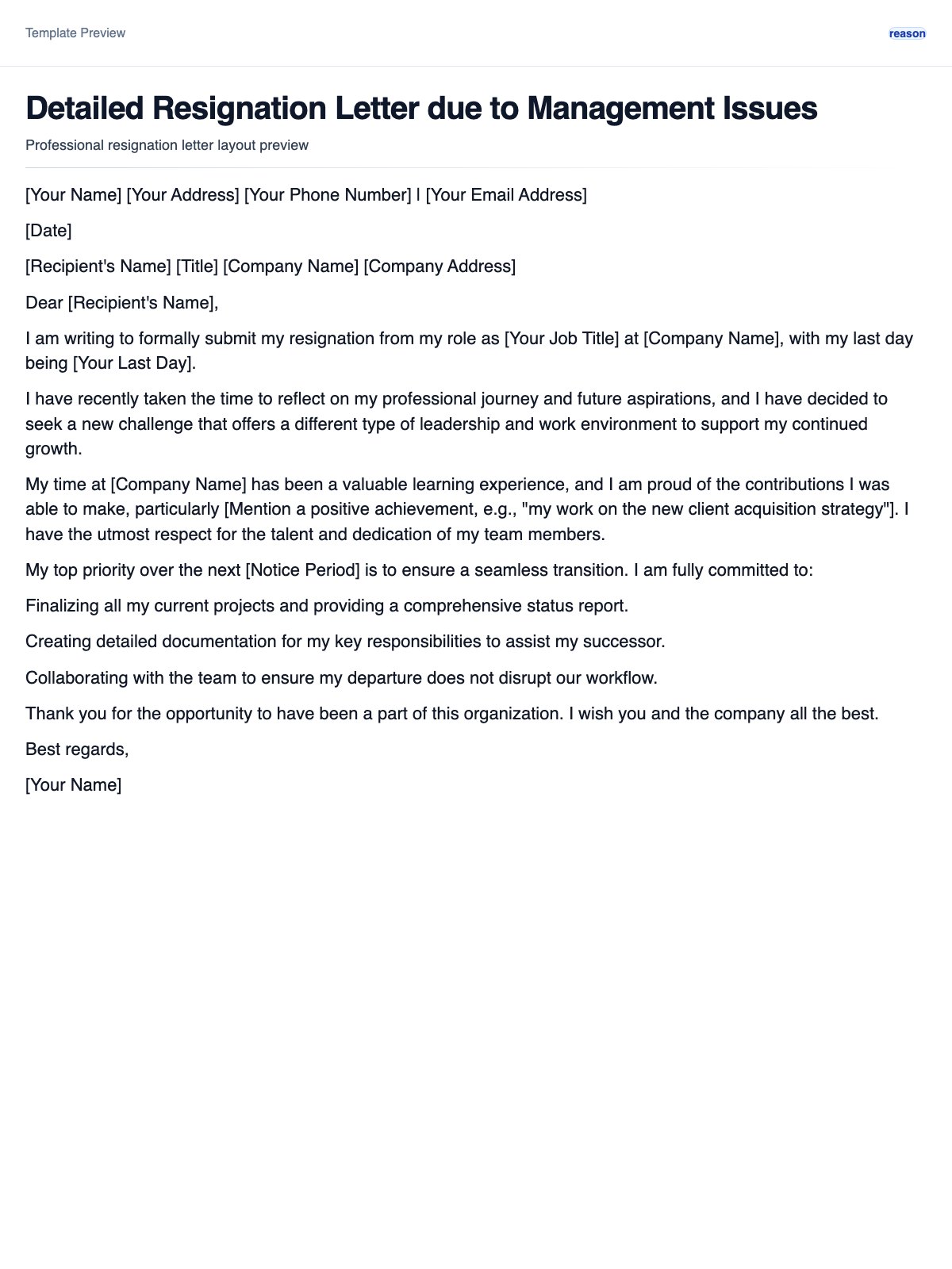 Detailed Resignation Letter due to Management Issues Template ...
