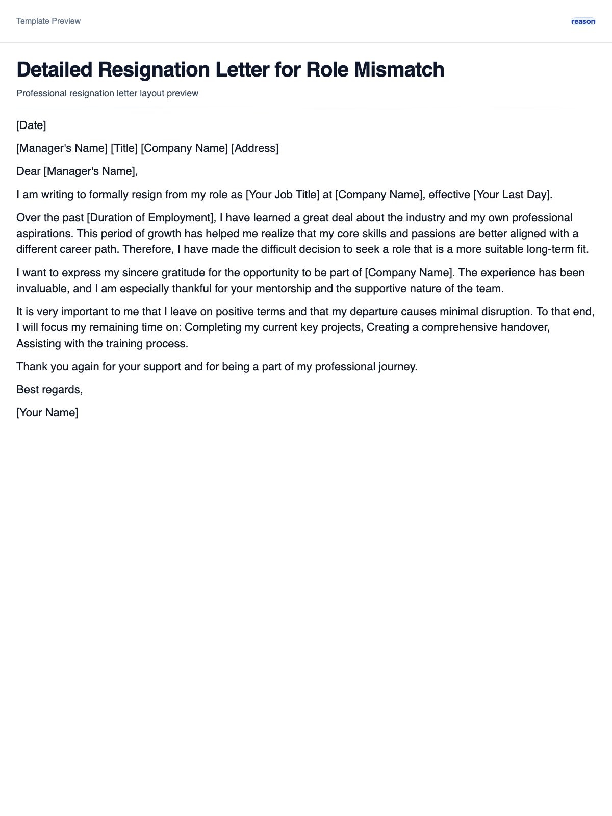 Detailed Resignation Letter for Role Mismatch Template - Resignation ...