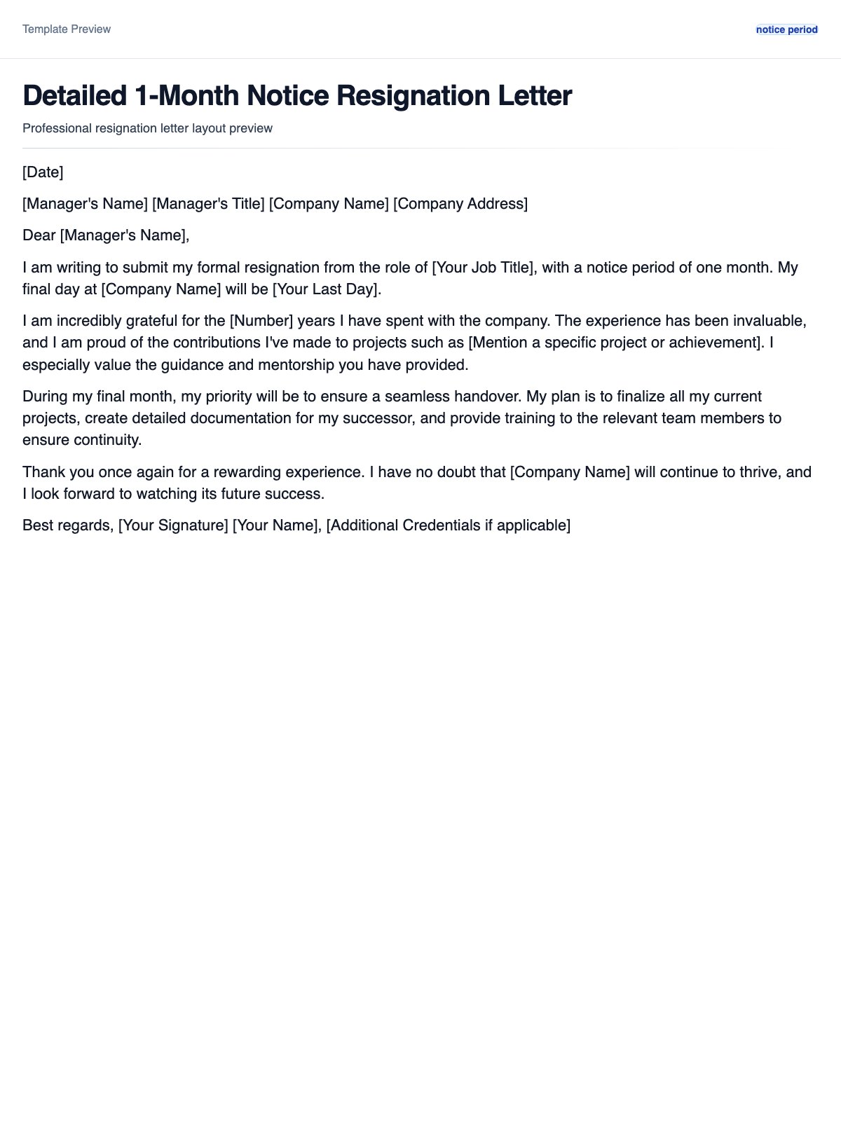 Detailed 1-Month Notice Resignation Letter Template - Resignation ...