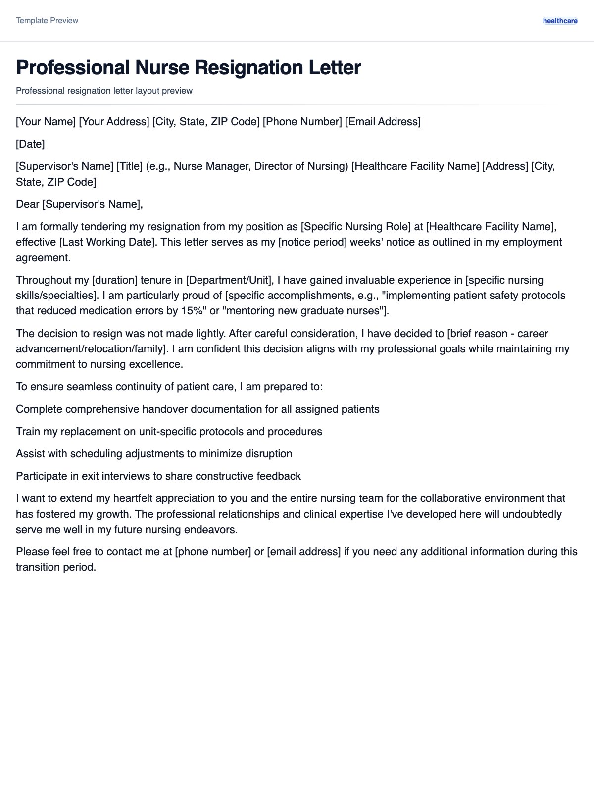 Professional Nurse Resignation Letter Template - Resignation Letter ...
