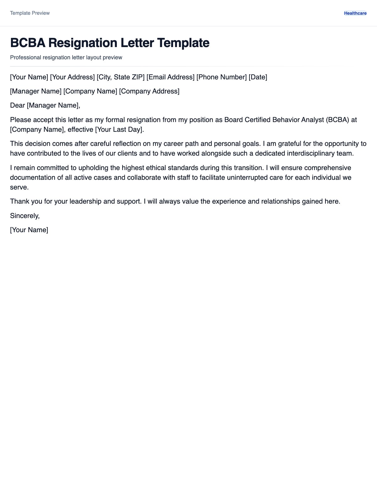 BCBA Resignation Letter Template Template - Resignation Letter Editor ...