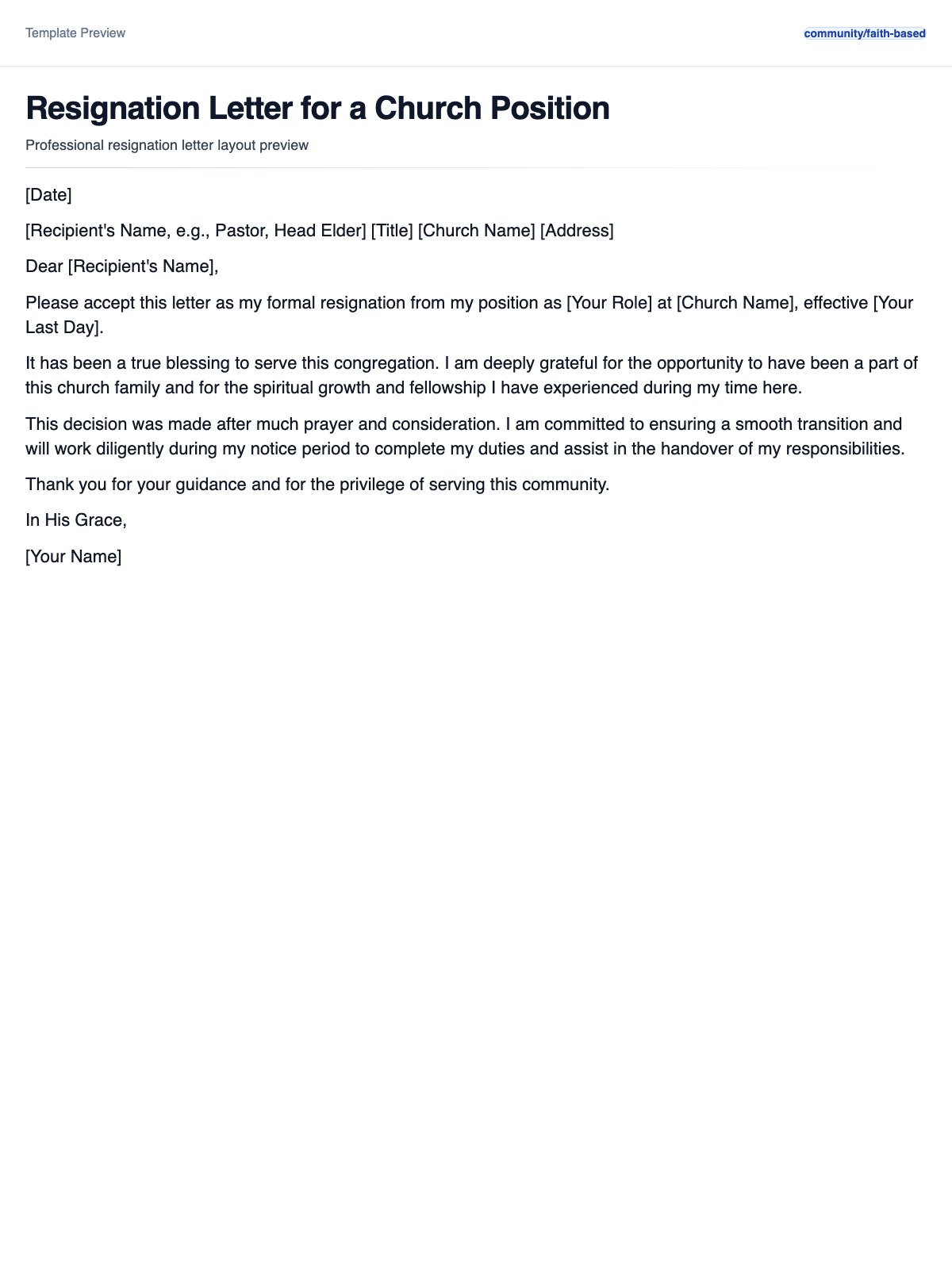 Resignation Letter for a Church Position Template - Resignation Letter ...