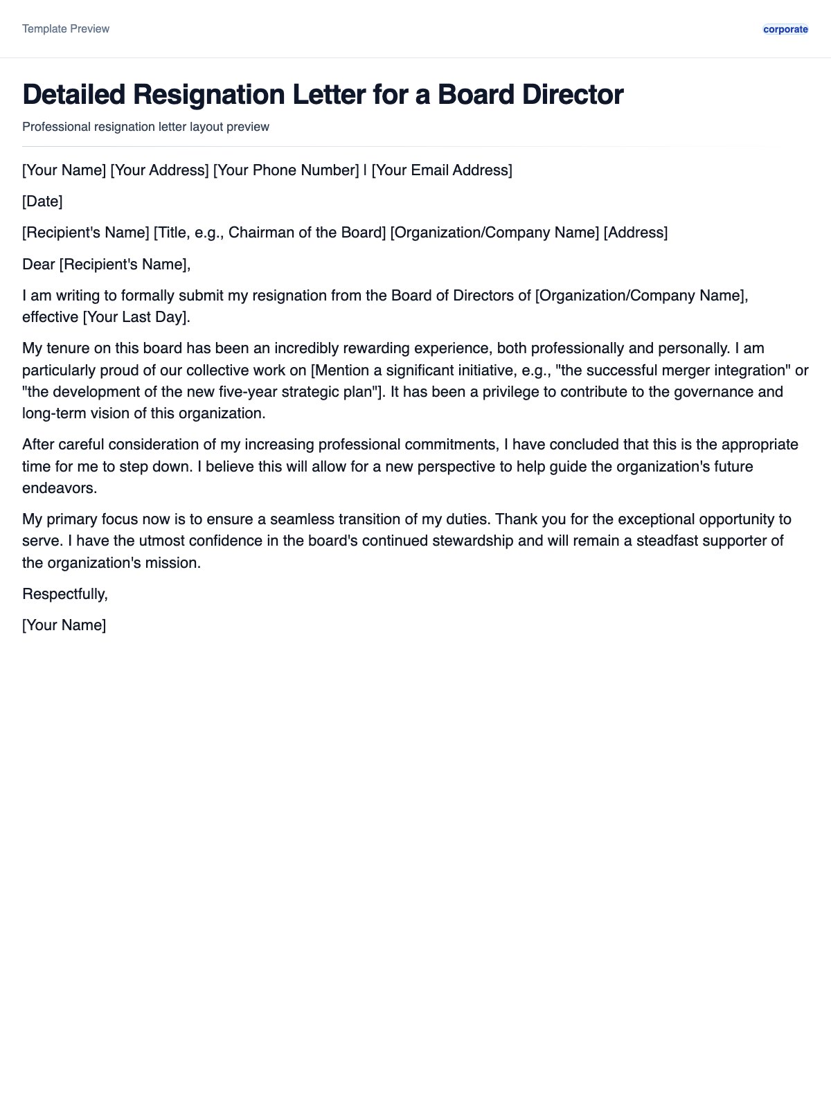 Detailed Resignation Letter for a Board Director Template - Resignation ...