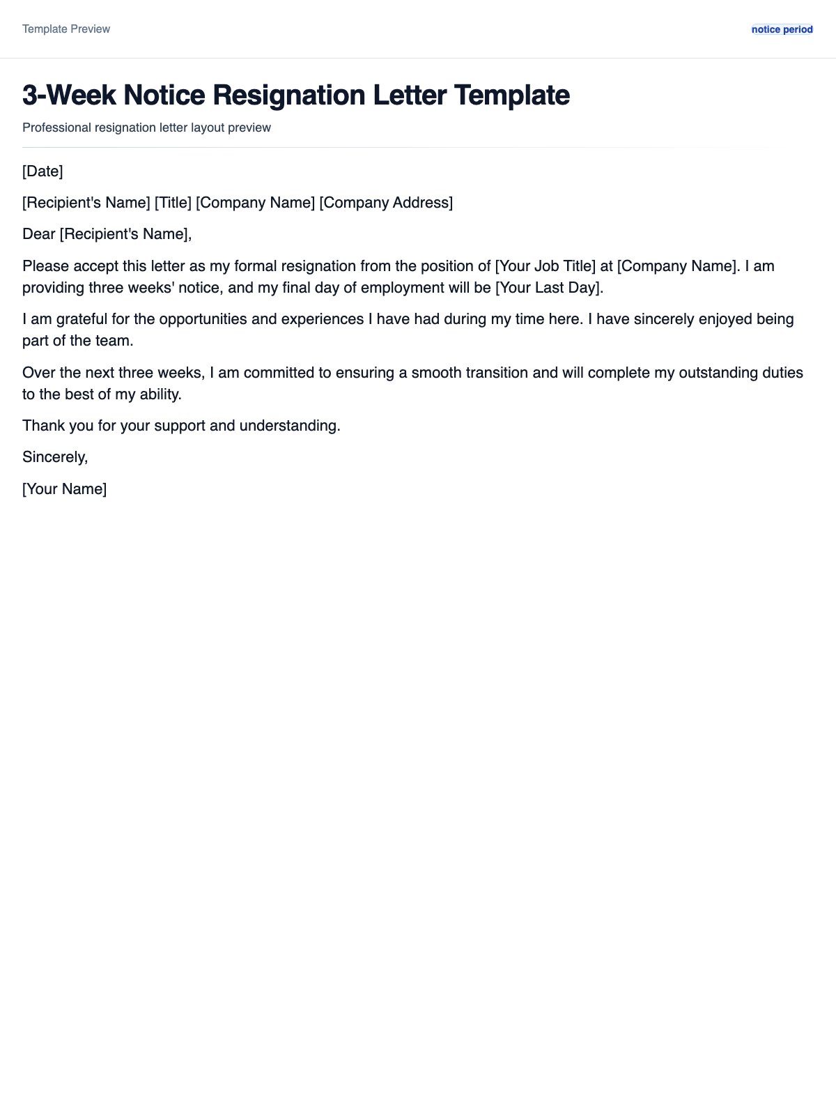 3-Week Notice Resignation Letter Template Template - Resignation Letter ...