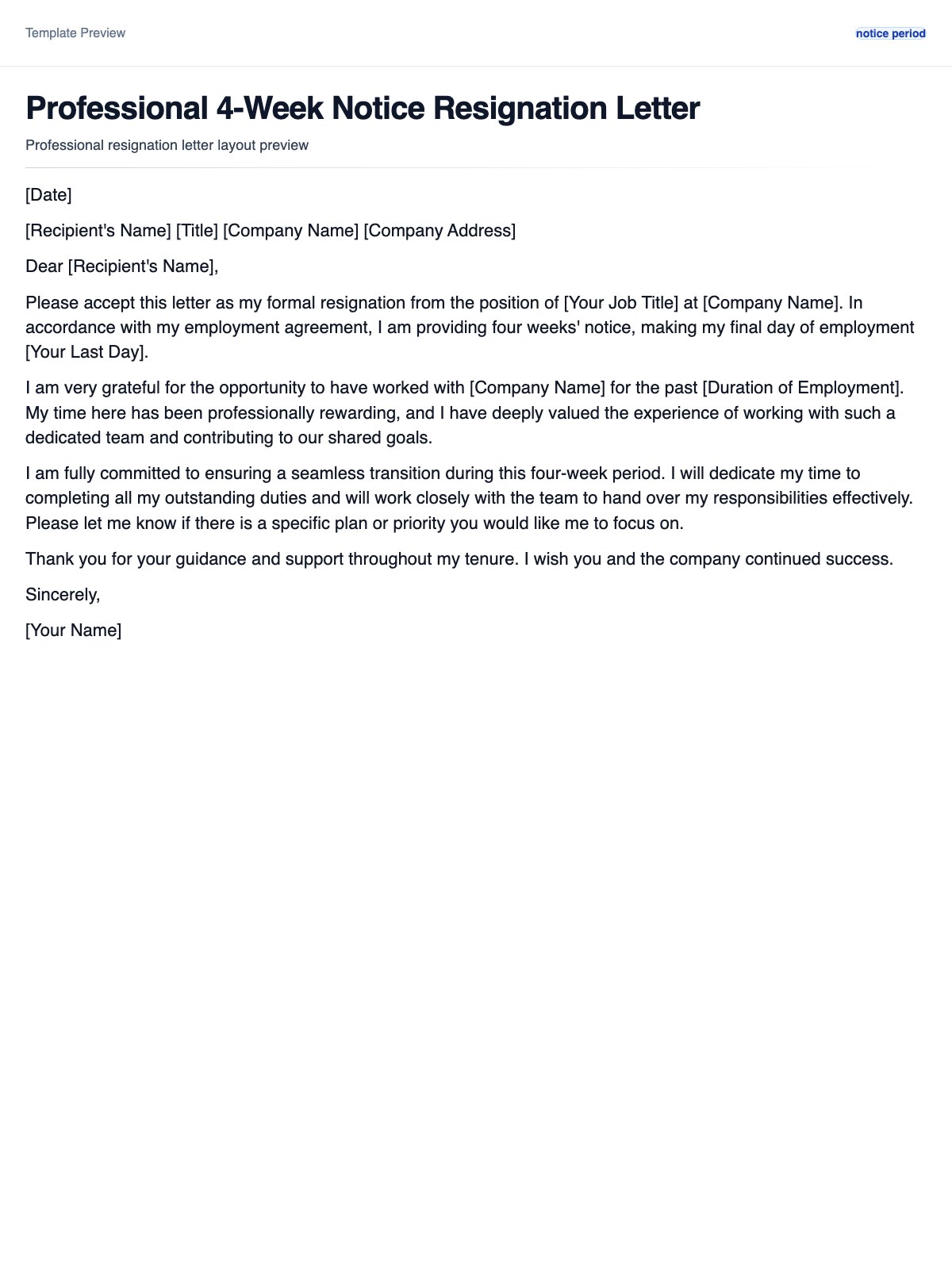 Professional 4-Week Notice Resignation Letter Template - Resignation ...