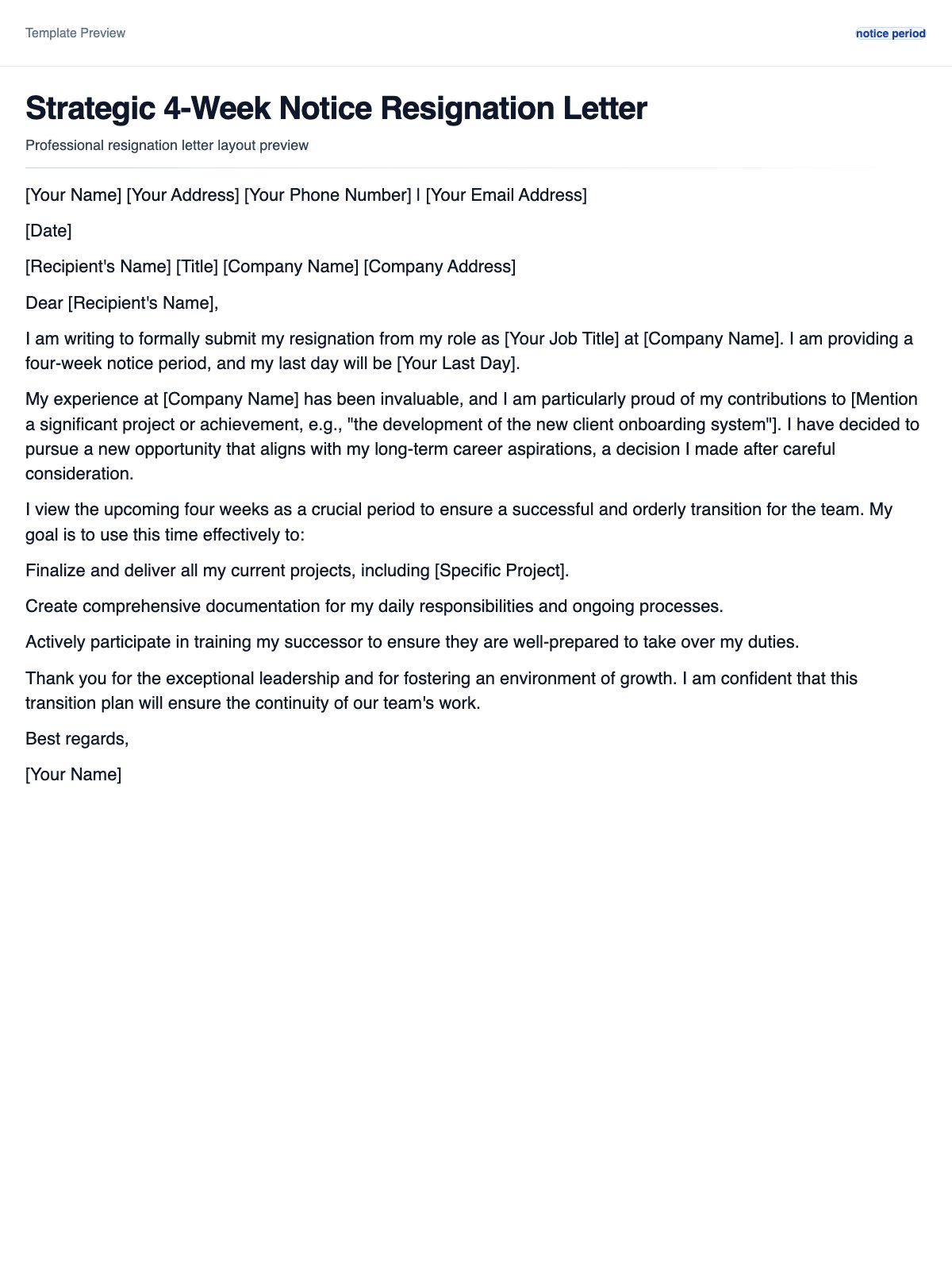 Strategic 4-Week Notice Resignation Letter Template - Resignation ...