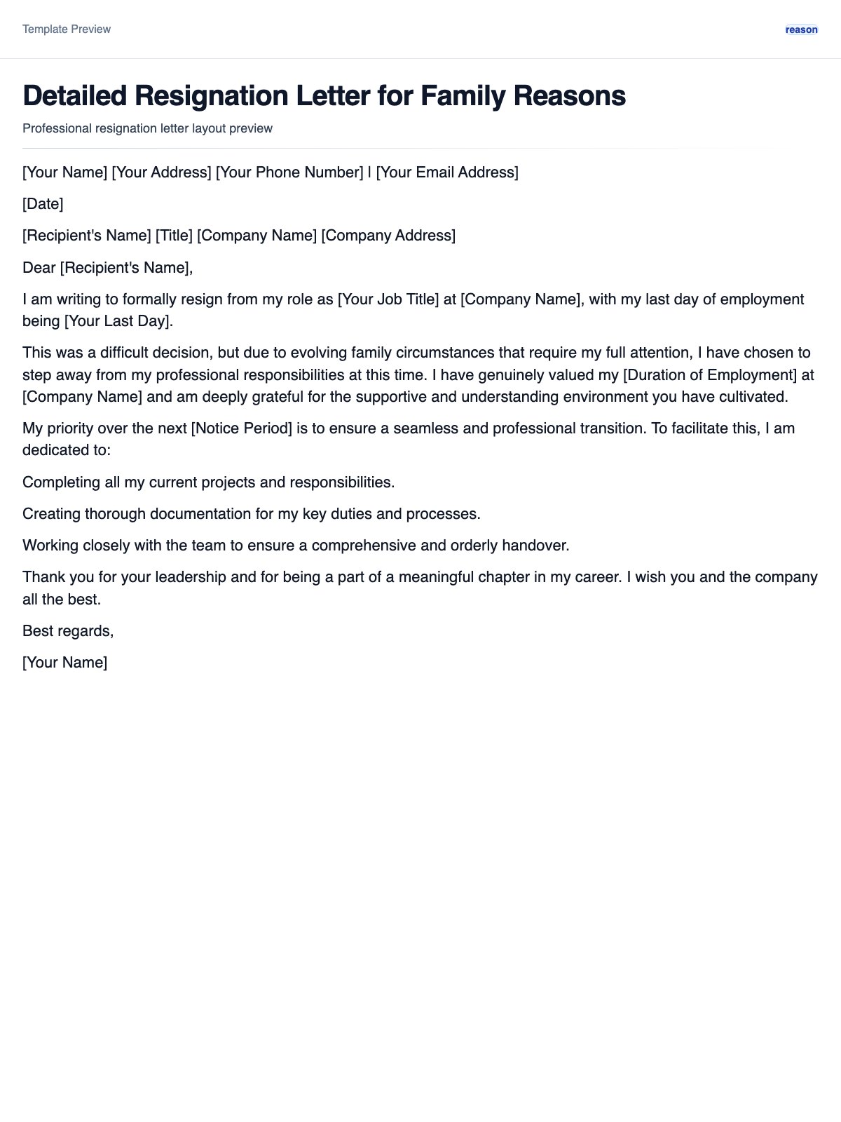 Detailed Resignation Letter for Family Reasons Template - Resignation ...