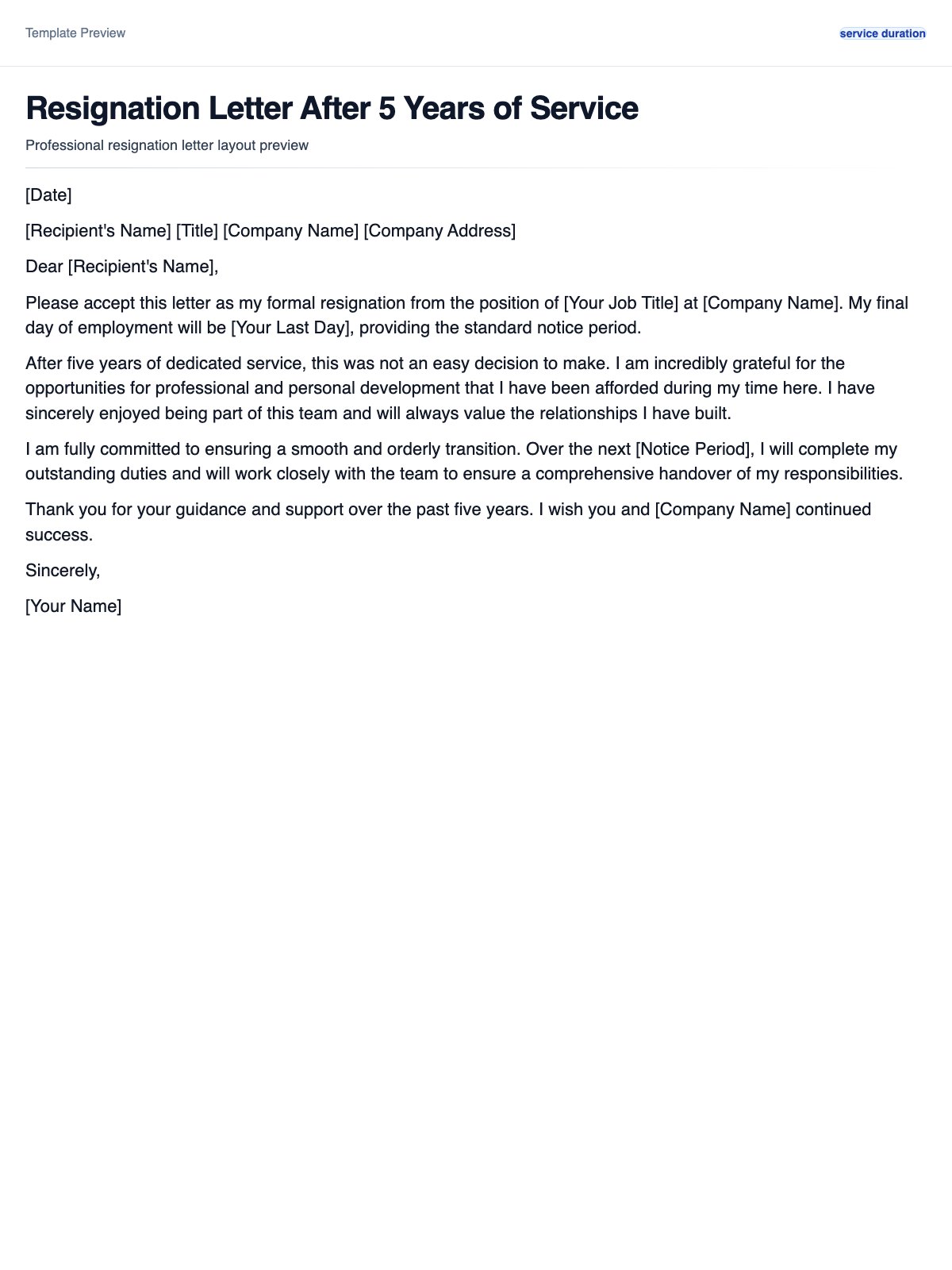 Resignation Letter After 5 Years of Service Template - Resignation ...