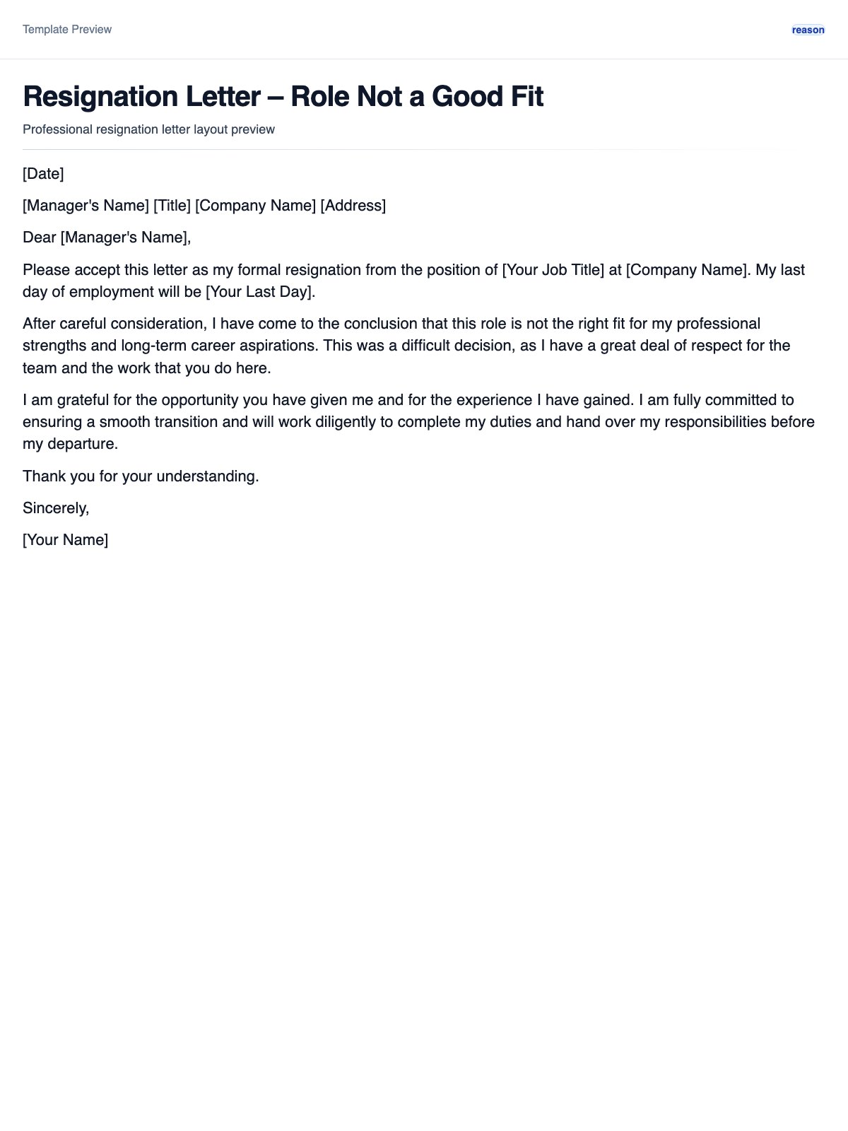 Resignation Letter – Role Not a Good Fit Template - Resignation Letter ...