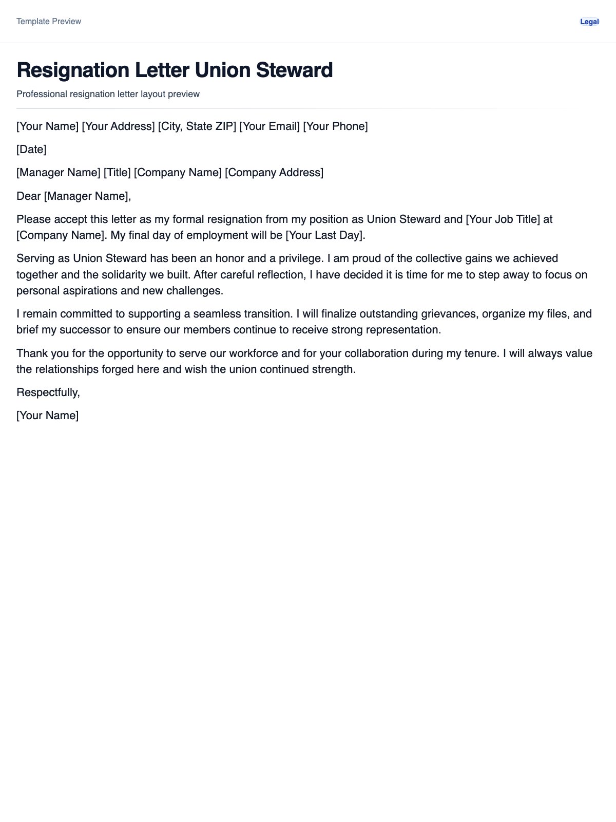 Resignation Letter Union Steward Template - Resignation Letter Editor ...