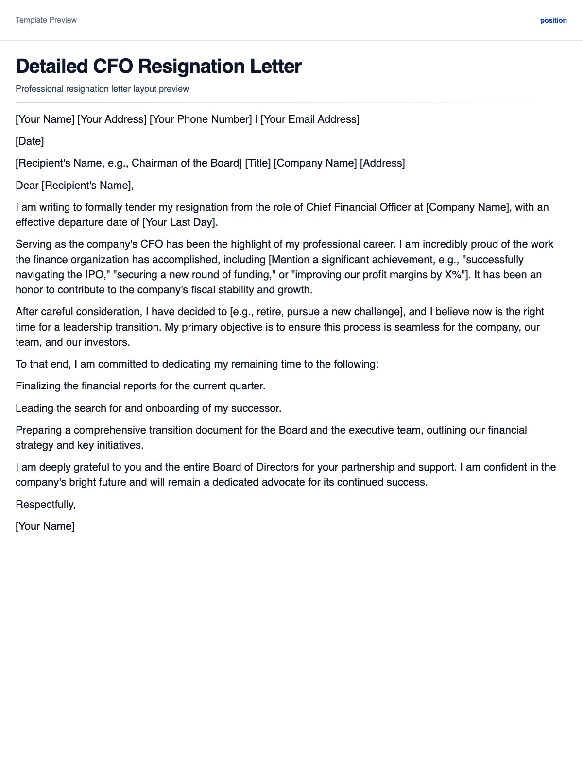 Detailed CFO Resignation Letter Template - Resignation Letter Editor ...